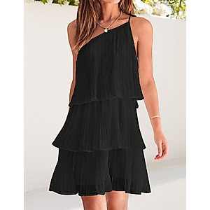 ZESICA Women's Boho Summer One Shoulder Sleeveless Ruffle Tiered Layered Chiffon Pleated A Line Flowy Mini Dress,Black,Medium