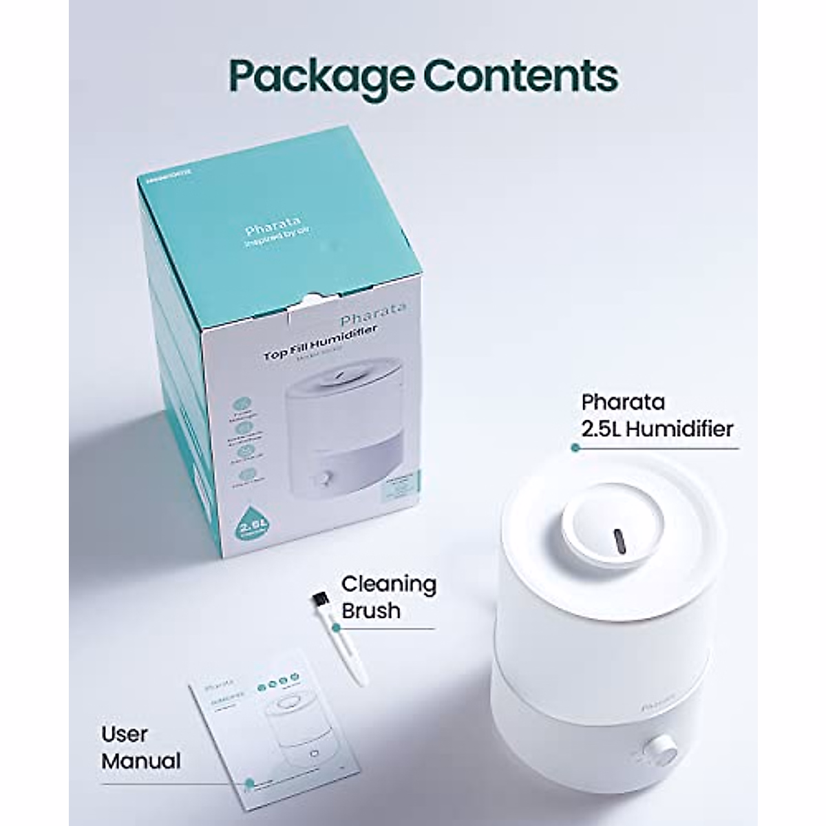 Pharata Humidifiers for Bedroom Large Room, 2.5L Cool Mist Humidifier with Essential Oil Diffuser, Top Fill Air Humidifier for Baby, Home, Plant, Ultrasonic Humidification for whole house, Auto Shut-Off, (White)