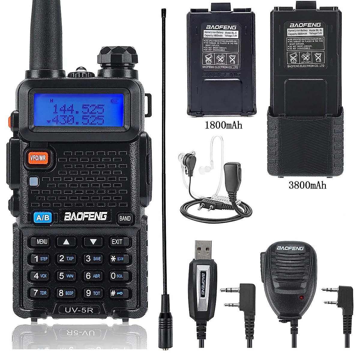 BAOFENG UV-5R 8W Dual Band VHF/UHF Two Way Radio Long Communication Range Walkie Talkie with More 3800mAh Battery,USB Programming Cable,Hand Mic,TL771 Antenna,Acoustic Tube Surveillance Earphone