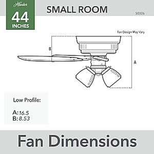 Hunter Hartland Low Profile Indoor Ceiling Fan with LED Lights and Pull Chain, 44", Indigo Blue