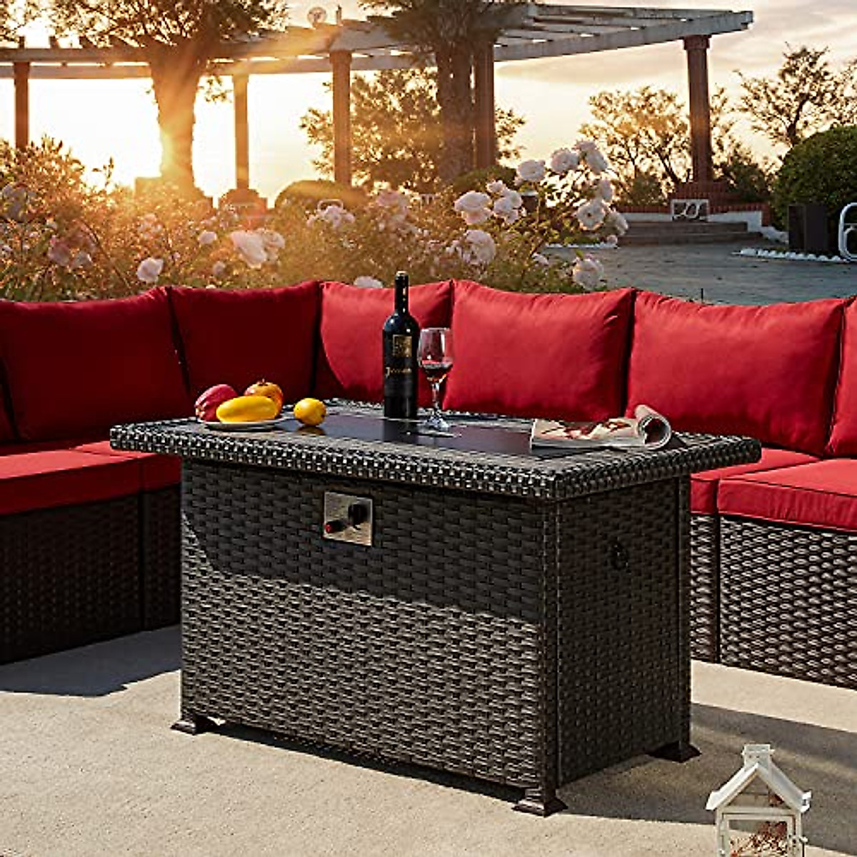 HOMREST Propane Fire Pit Table, Gas Fire Pits for Outside, 44 Inch 50,000 BTU Smokeless Firepit for Outdoor Patio, CSA Approved, Auto-Ignition Adjustable Flame, with Lid, Waterproof Cover, Glass Beads