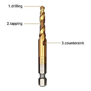 6 Pack Titanium Combination Drill Tap Bit Set, 1/4" HSS Hex Shank Screw Tapping Bit for Drilling, Tapping and Countersinking, M3-M10