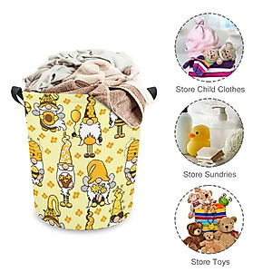 FISNAE Yellow Honey Bees Storage Baskets, Gnomes Flower Small Laundry Hamper-Collapsible Storage Bin with Handles Round Toy Organizer Bin for Kid's Room,Office,Nursery Hamper, Home Decor