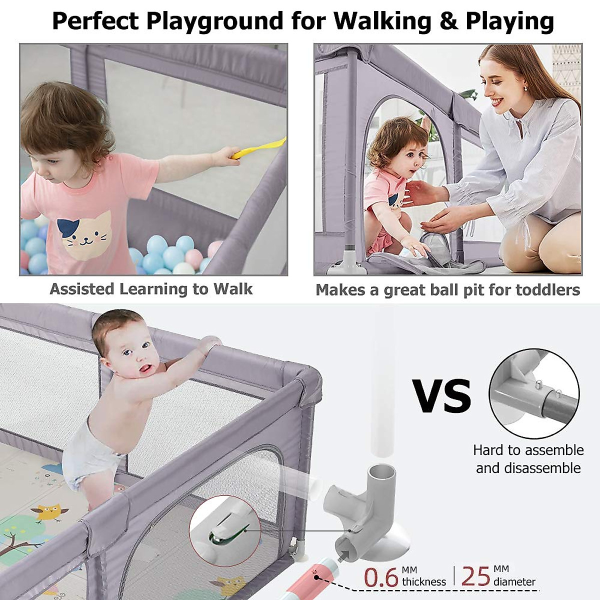 Dripex Baby Playpen, 71*47 inch Baby Playards with Zipper Gates, Kids Play Pen, Safe No Gaps, See-Through mesh, Play Pens for Babies and Toddlers, Baby Gate Playpen, Baby Fence (Grey )