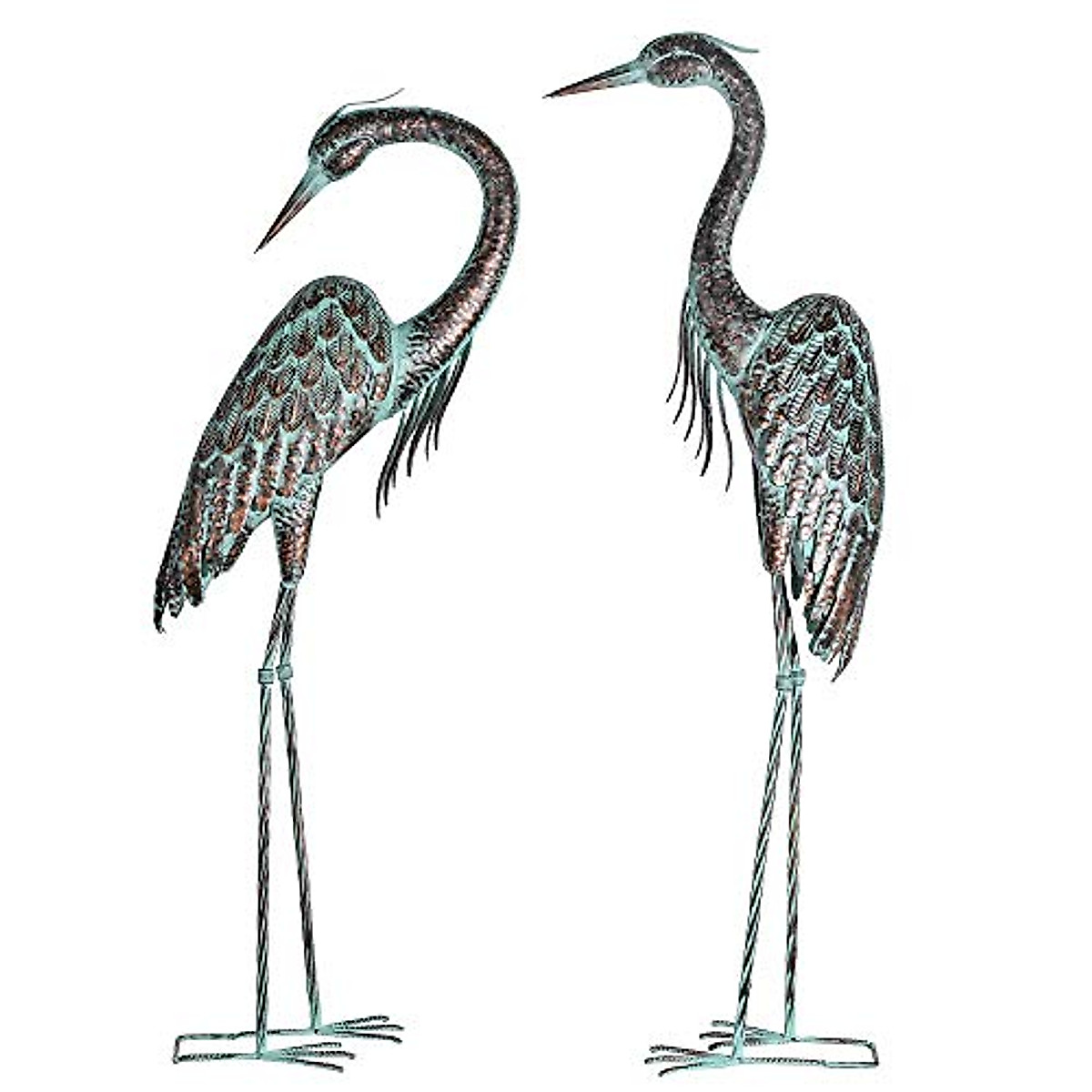 Kircust Garden Crane Statues, Standing Metal Patina Heron Decoy Outdoor Statue, 42-46 Inch Bird Yard Art for Patio Lawn Pond, Set of 2