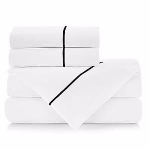 BEDLAM 100% Cotton Sheets - Hotel Style, Luxurious, 500 TC White Cotton Sheets with a Beautiful Black Trim - 6pcs Bed Sheets Set, Includes 4 Cotton Pillowcases - Queen Size Sateen Cotton Sheet Set