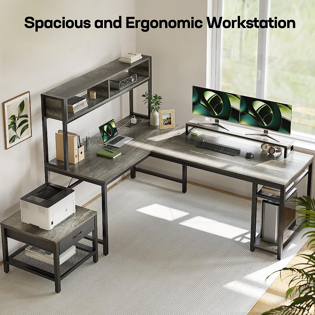 Marsail L-Shaped Computer Desk, Large, Black Oak