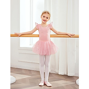 Zaclotre Kid Girls Ruffle Sleeve Ballet Skirted Leotard Shiny Dance Tutu Dresses