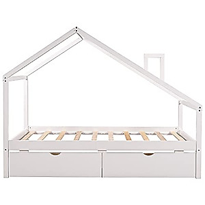 YuiHome Wooden Daybed for Kids Teen, Twin Size House-Shaped Daybed with Two Pull-Out Drawers and Roof, Can be Decorated,White