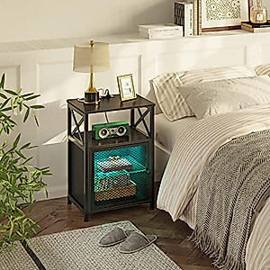 Rolanstar Nightstand with Charging Station, End Table with LED Lights & Power Outlets, Side Table with Storage Shelf, Sofa Table with Glass Shelf Mesh Door for Bedroom, Black