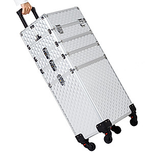 AROUS Rolling Makeup Train Case Large Storage Cosmetic Trolley 4 in 1 Large Capacity Trolley Makeup Travel Case with Key Swivel Wheels Salon Barber Case Traveling Cart Trunk, Silver