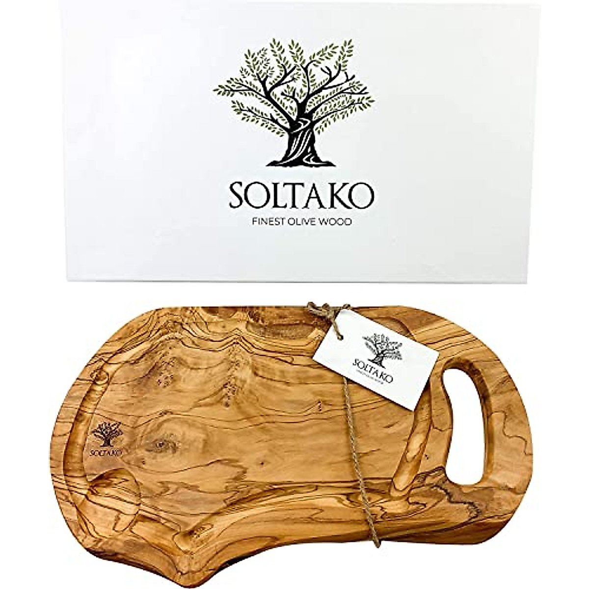 SOLTAKO Olive Wood Cutting Steak Board, Wooden Charcuterie Board, Large Cheese Board, Hand Made Serving Platter, Rustic Chopping Board with Juice Groove, Chopping Board with Handle (17,7")