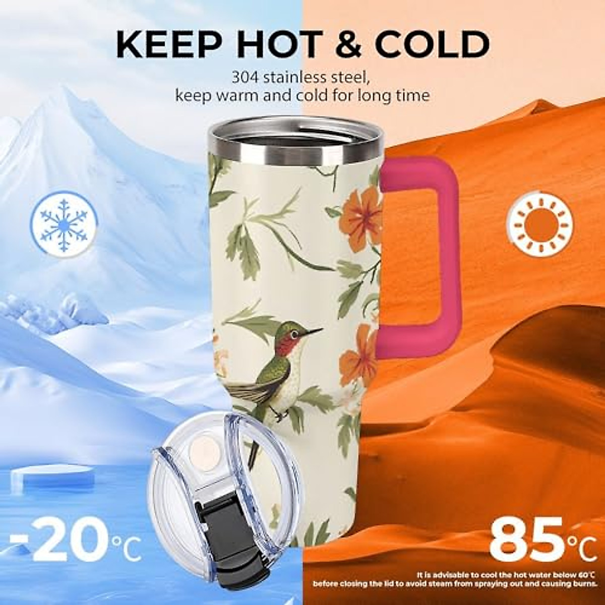 Hummingbirds Flowers 40 Oz Stainless Steel Cup Travel Tumbler with Handle and Straw Lightweight Coffee Mug for Home Office