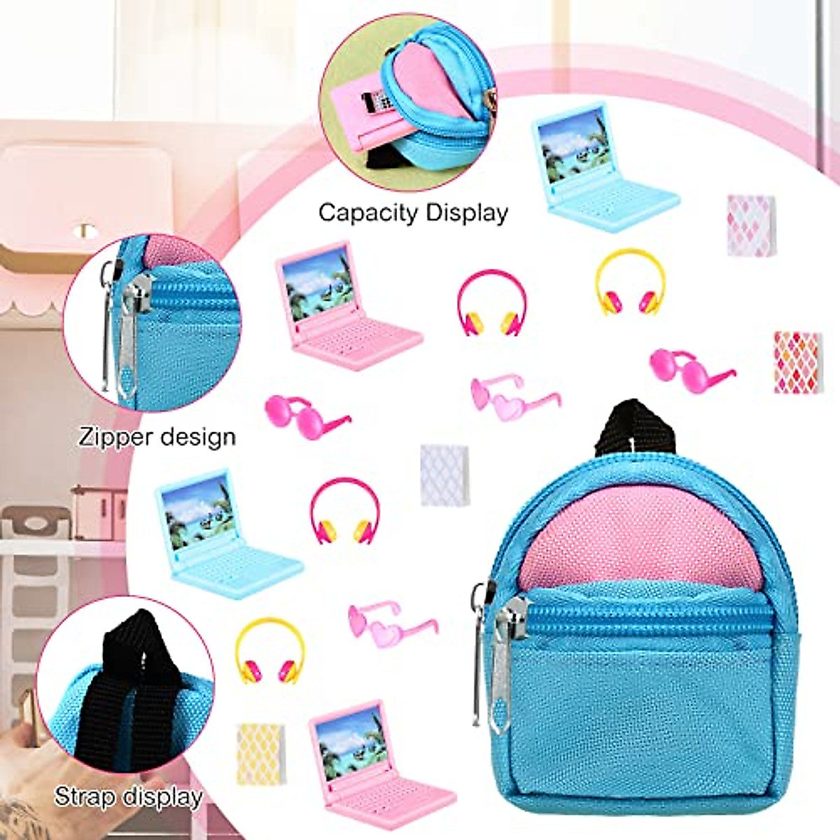 20 Pieces Doll Backpack Set Dollhouse School Accessories Doll Travel Supplies Include Mini Laptop Scene Simulation Backpack Bag with Zipper Mini Headsets Toy Sunglasses Book for 1/12 1/6 Scale