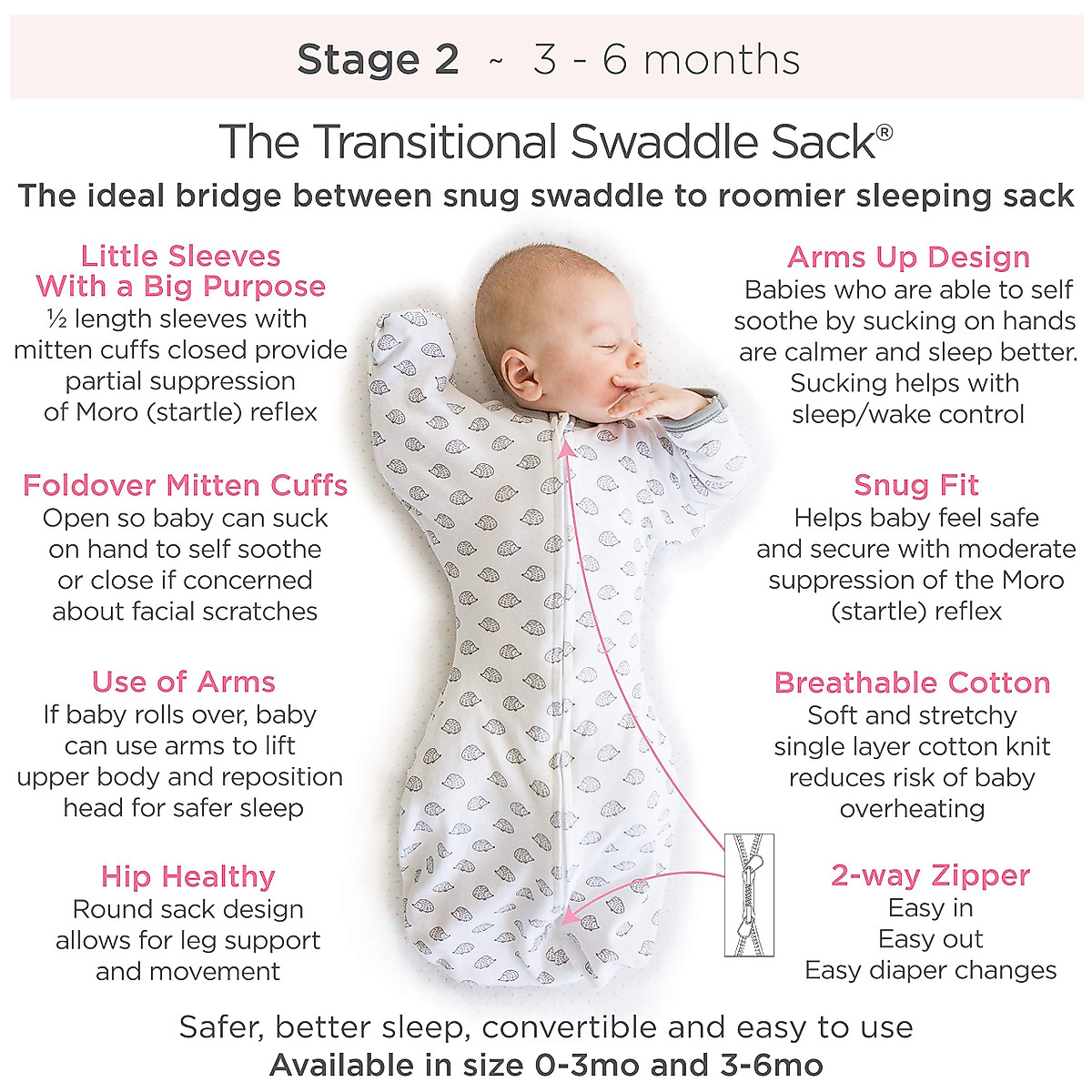 SwaddleDesigns Transitional Swaddle Sack with Arms Up Half-Length Sleeves and Mitten Cuffs, Tiny Hedgehogs, Small, 0-3mo, 6-14 lbs (Better Sleep for Baby Boys, Baby Girls, Easy Swaddle (Pack of 2)