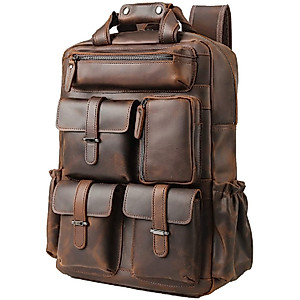 Masa Kawa Genuine Leather Backpack for Men Vintage 15.6 Inch Laptop Bag Multi Pockets Rucksack Casual Travel Daypack Brown