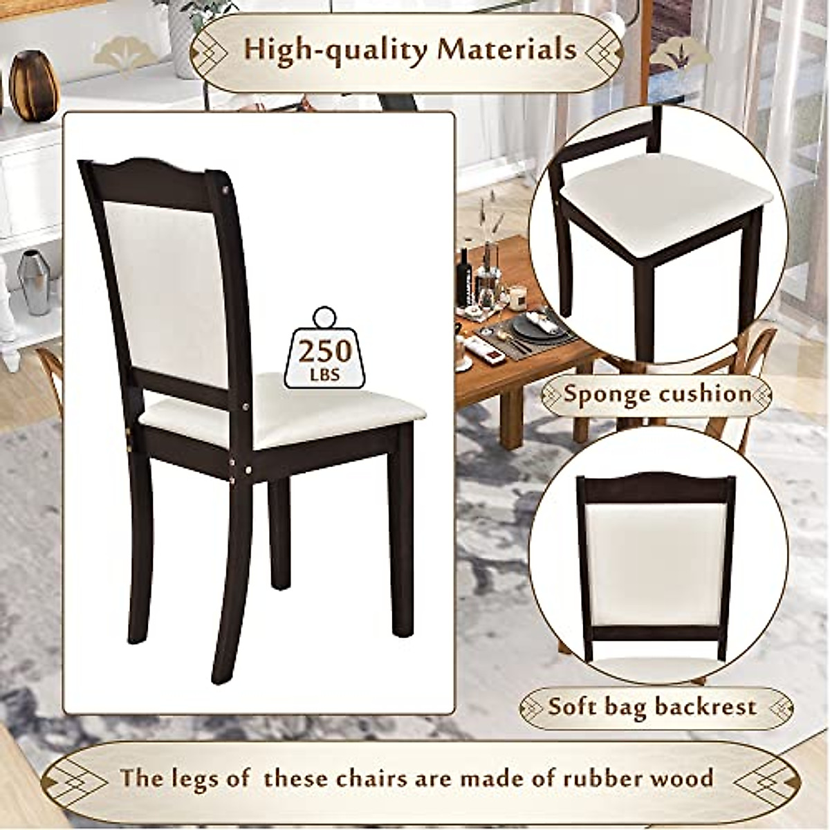 ODC 5-Piece Dining Sets for 4, 40” Wood Rectangular Table & 4 High Back Upholstered Chairs for Space Home Family Dinette, Breakfast Nook, Simple Style, Espresso