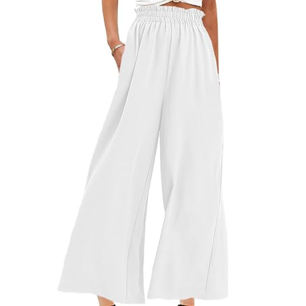 Pasgreson Womens Elastic High Waist Wide Leg Pants Palazzo Lounge Pants Casual Loose Flowy Pants with Pockets White 3XL