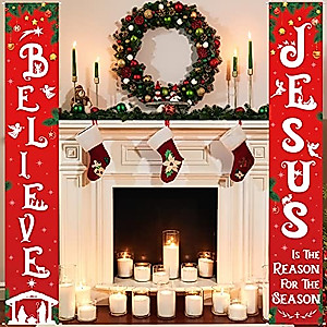 Christmas Front Porch Banners Religious Nativity Scene Sign Holiday Hanging Banner Xmas Decoration for Front Door Believe Jesus is The Reason for The Season 12 x 71 Inch