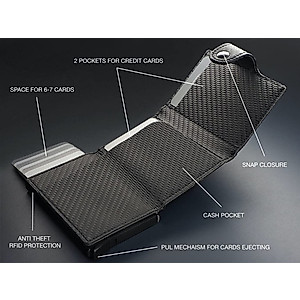 PULARYS Mini Wallet CARBON - Card Case Made of Carbon Eco-Leather - RFID blocking - Size: 7.5 x 9.5 x 2.5 cm - Space for up to 9 Cards - One Note Compartment Secured with Snap Closure