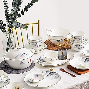 GagalU Stylish Dinner Plates,Ceramics Dinnerware Sets, Landscape Painting Pattern Porcelain Cereals Bowls/Steak Plates/Soup Pot | 48 Pieces Bone China Dinner Combination Set