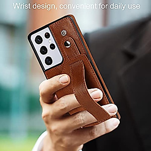 Design for Samsung Galaxy S21 Ultra Phone Case with Screen Protector Adjustable Wrist Strap Kickstand Credit Card Slot Slim Shockproof Hybrid Rugged Protective Cover for Women Girls 6.8 inch Blue