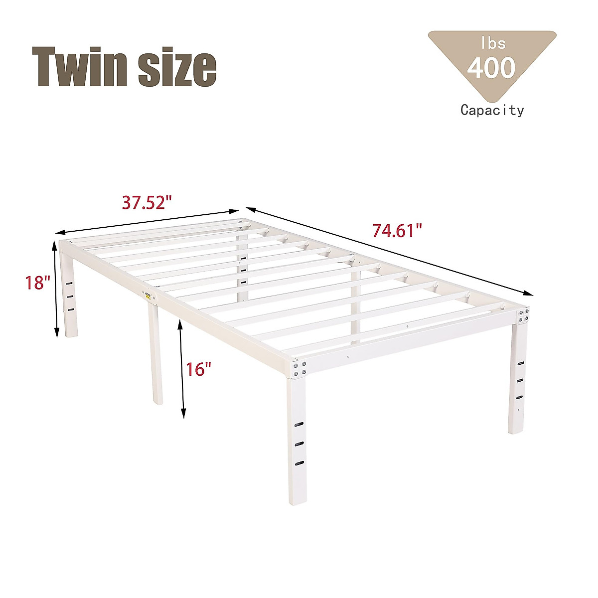 alazyhome 18 Inch Metal Twin Size Bed Frame Heavy Duty Platform Noise Free Steel Slat Support Easy Assembly Noise Free No Box Spring Required White