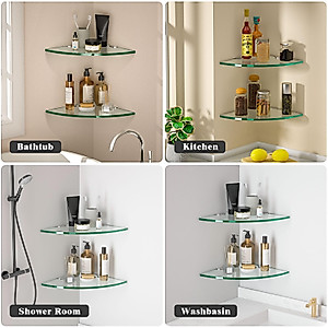 Corner Glass Shower Caddy 2 Pack 8MM-Thick Tempered Glass Shelf No Drilling Wall Mount Corner Mounted Shelves Space Saver Adhesive Bathroom Home Shelf Shampoo Holder Organizer Strong Adhesion