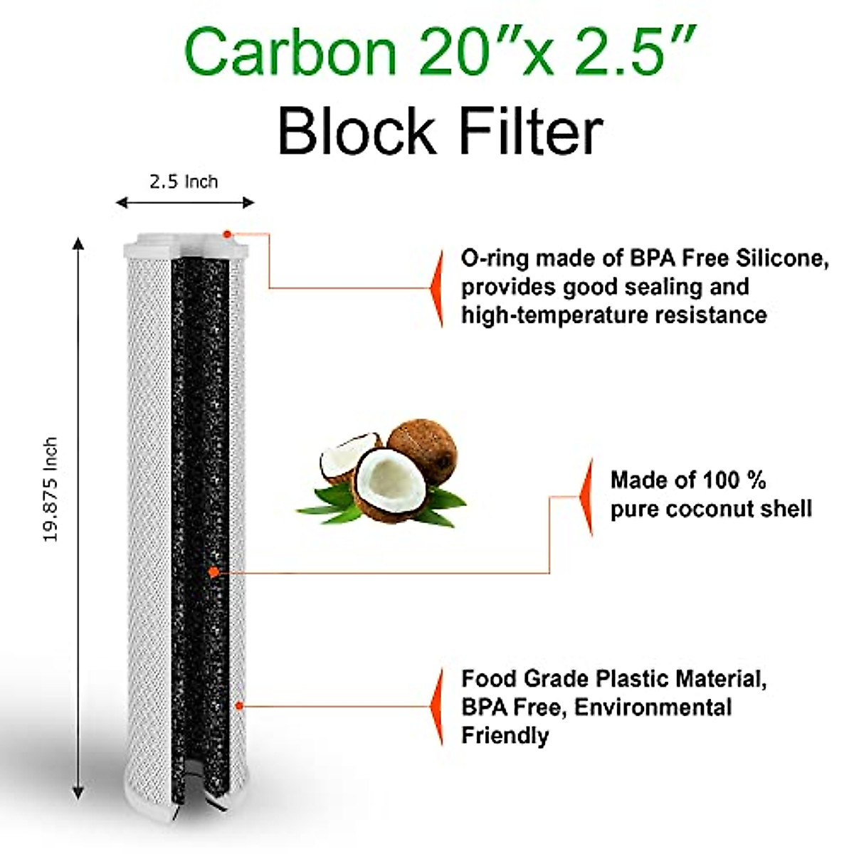 Standard Whole House Coconut Shell Carbon Block 5 Micron Water Filter 20” x 2.5” Fits 20” x 2.5” Housings. Remove Chlorine and Bad Odor. Compatible with C1-20, HX-CB-25-2010, F3WCB32 Pack of 4