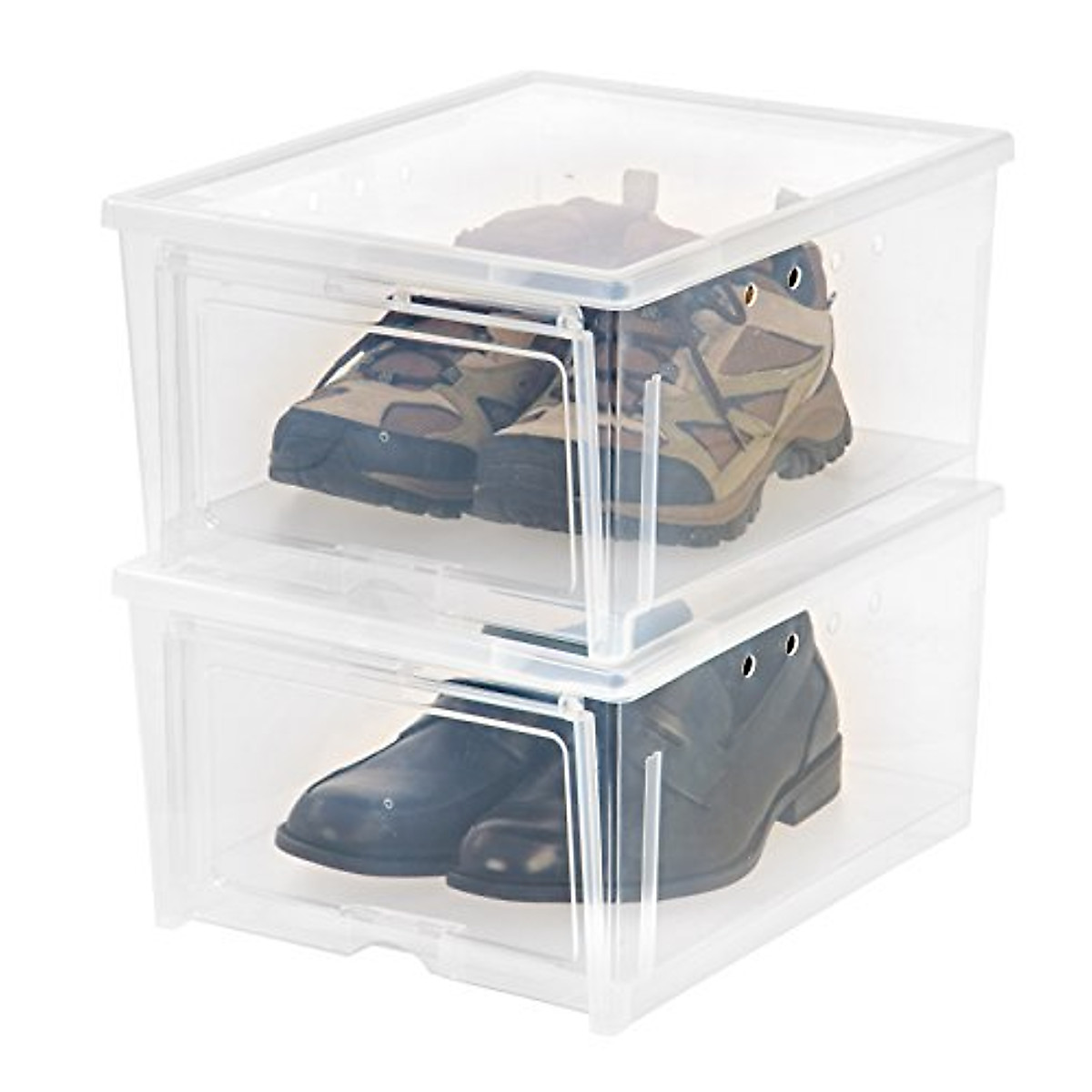 IRIS USA 2 Pack Shoe Storage Box, Clear Plastic Stackable Shoe Organizers for Closet, Space Saving Drop Front Sneaker Containers, Wide