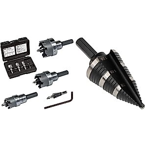 Klein Tools Hole Cutter Kit + Step Drill Bit | 4-Piece Carbide Hole Cutter Set with Pilot Bit and 3/8 in. Hex Shank Double Fluted Step Drill Bit