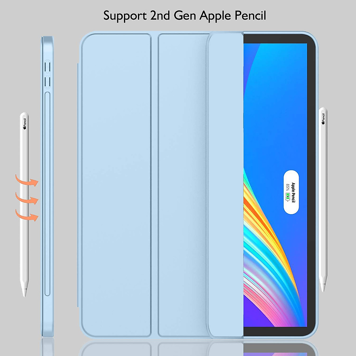 iMieet New iPad Pro 11 Inch Case 2022(4th Gen)/ 2021(3rd Gen) with Pencil Holder [Support iPad 2nd Pencil Charging/Pair],Trifold Stand Smart Case with Soft TPU Back,Auto Wake/Sleep(Sky Blue)