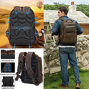 Masa Kawa Full Grain Leather 15.6” Laptop Backpack for Men Vintage Large Travel Rucksack Bag School Bookbag Daypack