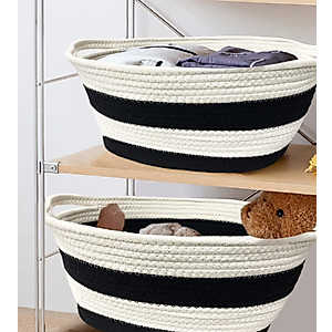 DSJ 14” x 10” x 7" Small Cotton Rope Basket with Handles,Cotton Woven Rope Storage Bins for Storing Cute Dog Cat Toys, Laundry Bedroom and Bathroom Clothes,Towels. (Black and White)