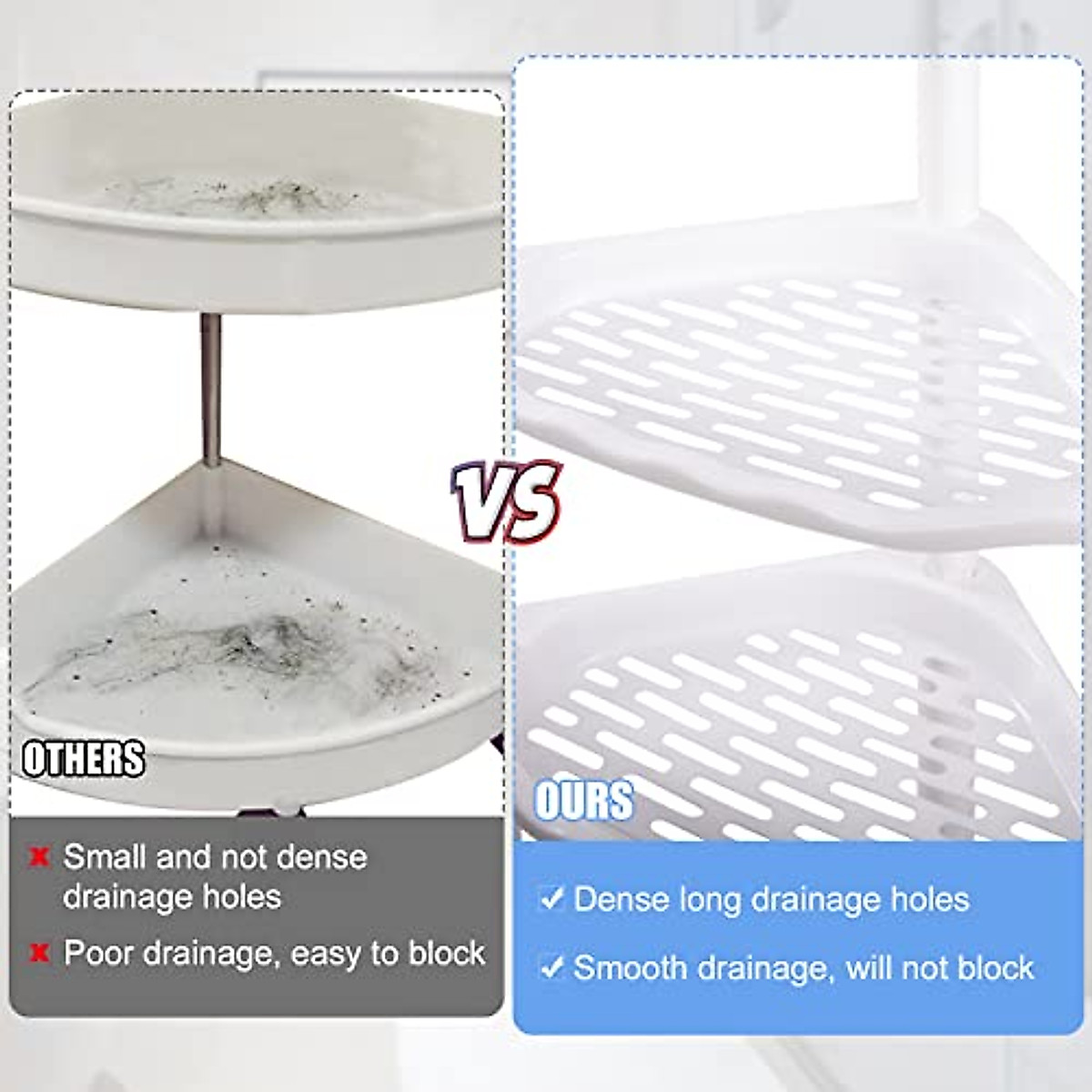 4-Tier Standing Corner Shower Caddy - 4 Shelf Plastic Bathroom Corner Stand with Drainage Holes & Hooks Plastic Shower Organizer Corner Standing Stand Up Bathtub Shower Shelf for Bathroom Living Room