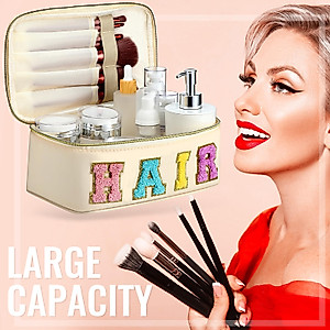 Sanwuta 4 Pcs Chenille Letter Makeup Bag Preppy Patch Cosmetic Bag Nylon Makeup Pouch Portable Travel Large Stuff Bag Toiletry Storage Bag with Zipper and Handle (Pink, Blue, Black, Beige)