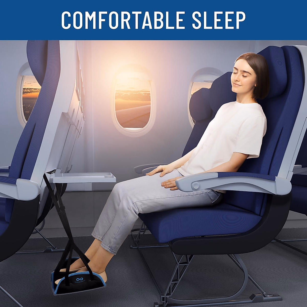 Everlasting Comfort Airplane Footrest - Ergonomic Adjustable Foot and Heel Hammock - Memory Foam Portable Air Plane Flying Travel Foot Rest - Long Airplane Flight Accessories for Feet (Black)