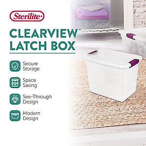 Sterilite 17631706 27 Quart/26 Liter ClearView Latch Box, Clear with Sweet Plum Latches, 6-Pack