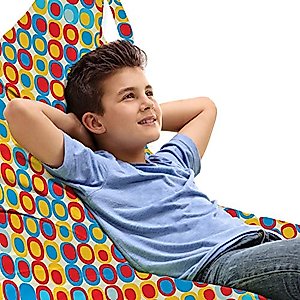 Ambesonne Cartoon Lounger Chair Bag, Retro Style Circles with Grid Mosaic Pattern Colorful Eighties Pop Art Illustration, High Capacity Storage with Handle Container, Lounger Size, Multicolor