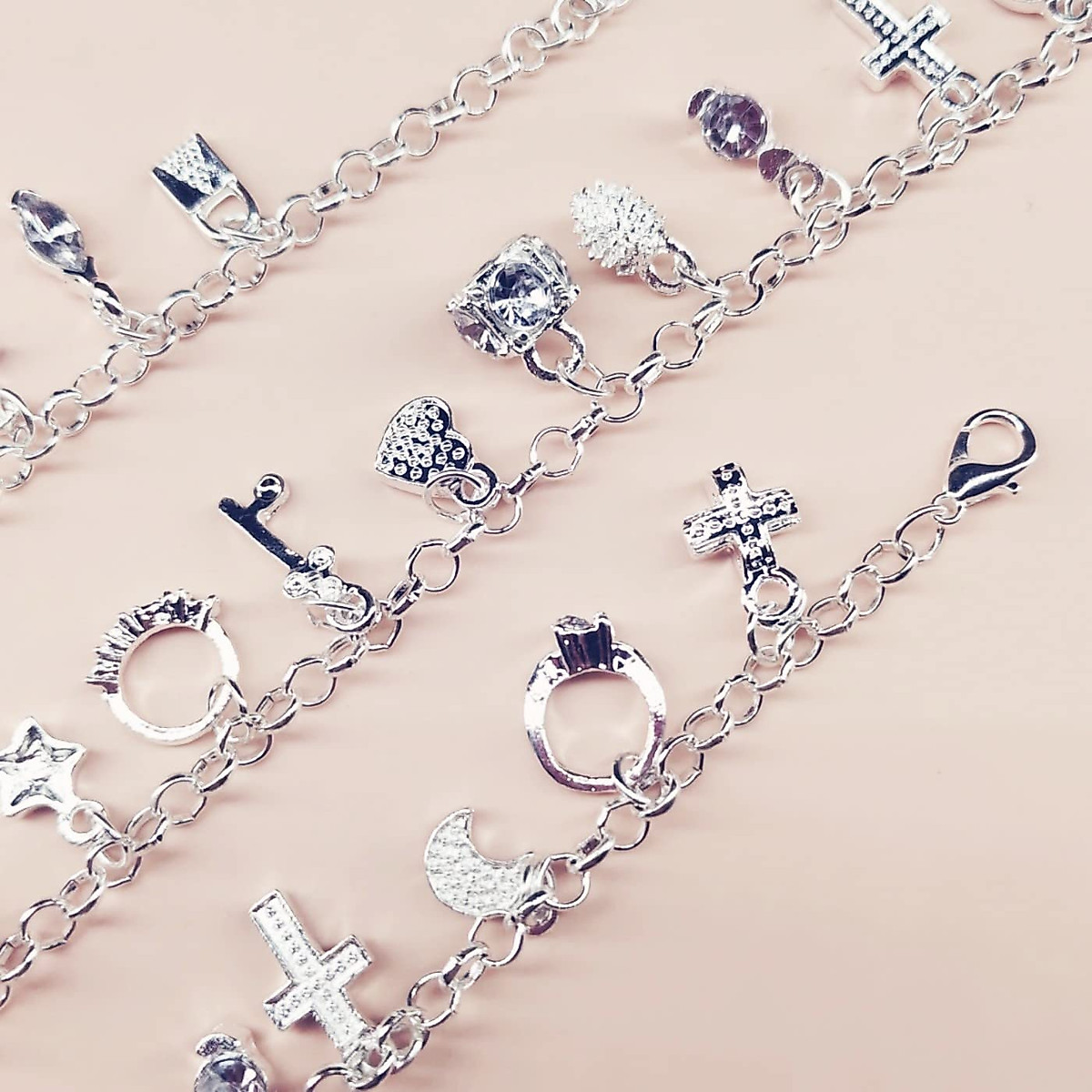 Dicomeng Sterling Silver Bracelet, 13 Small Pendants Charm Bracelet for Women, Adjustable 18+4cm, 925 Silver Plated, Great Gift for Ladies