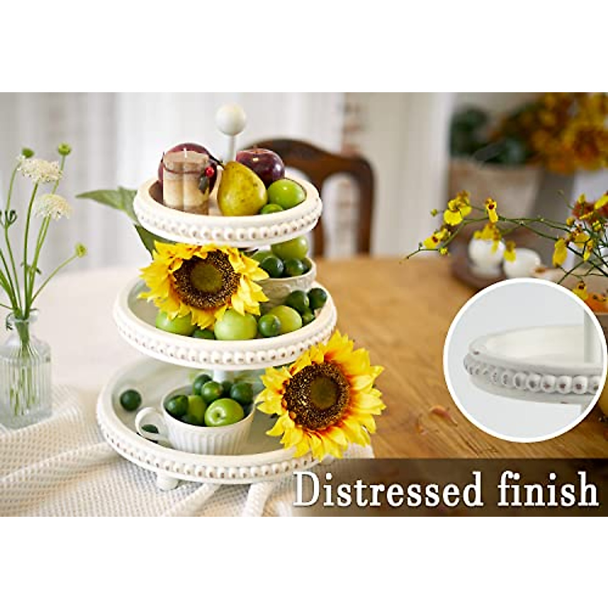 SwallowLiving Farmhouse 3 Tier Tray, White Three Tiered Tray Wood Stand with Shabby Chic Beaded for Home & Kitchen or Coffee Bar Decorations, 12.4 x 12.4 x 16.5 inchs