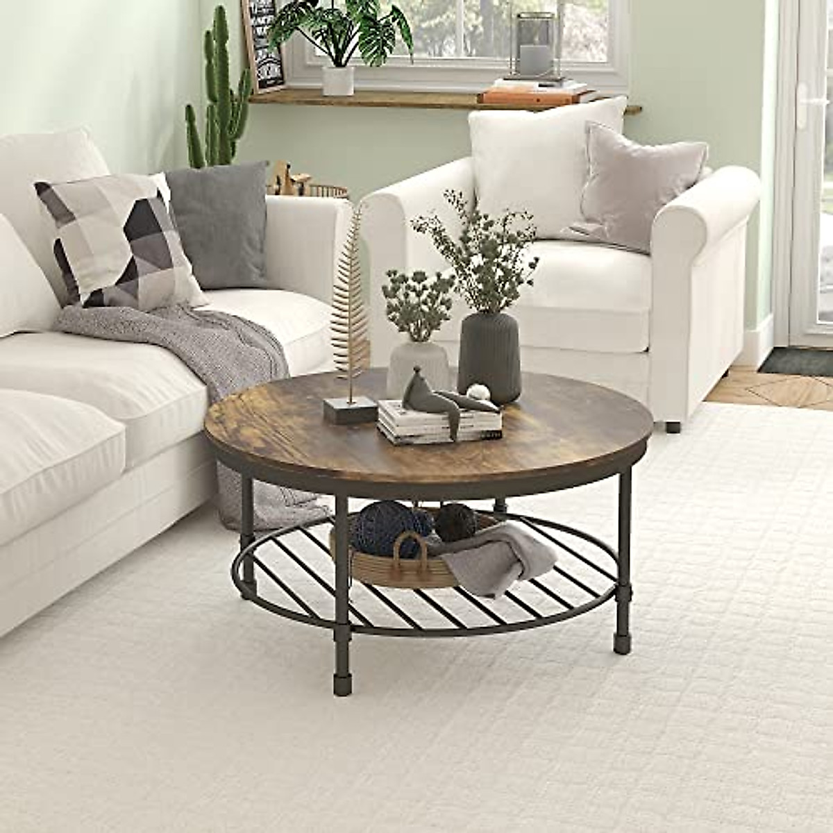 Gezen 2-Tier Round Coffee Table, Industrial Coffee Table for Living Room, Wooden Tabletop Rustic Steel Accent Table with Storage Open Shelf- Metal Frame - Retro Brown