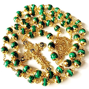 elegantmedical HANDMADE 18K Gold Plated UNDOUBTED Malachite Rosary Prayer Beads Necklace Catholic Gift & Box
