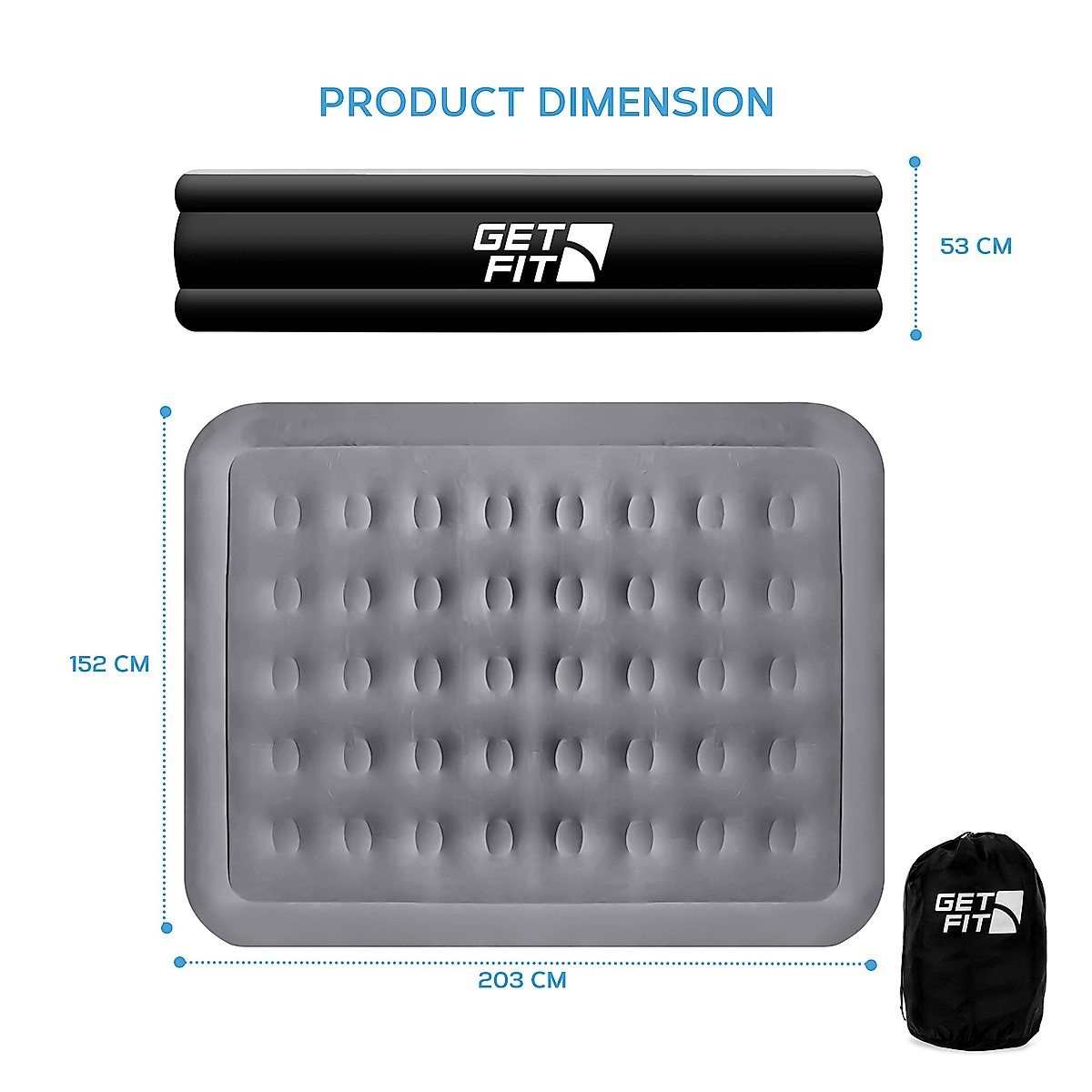 Get Fit Air Bed with Built in Electric Pump - Premium Queen Size - Blow Up Bed with 2 x Free Pillows - Elevated Inflatable Air Mattress for Outdoor, Camping, Tents - Black/Grey