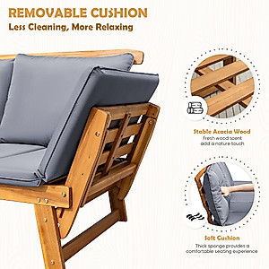 Greesum Patio Convertible Couch Sofa Bed with Adjustable Armrest, Acacia Wood Outdoor Daybed with Cushion & Pillow, Folding Chaise Lounge Bench for Porch Courtyard Poolside，Gray