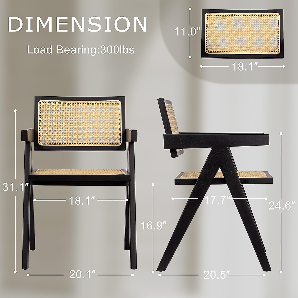 comfy to go Rattan Dining Chairs Set of 2, Kitchen Chairs Cane for Dining Room, Black