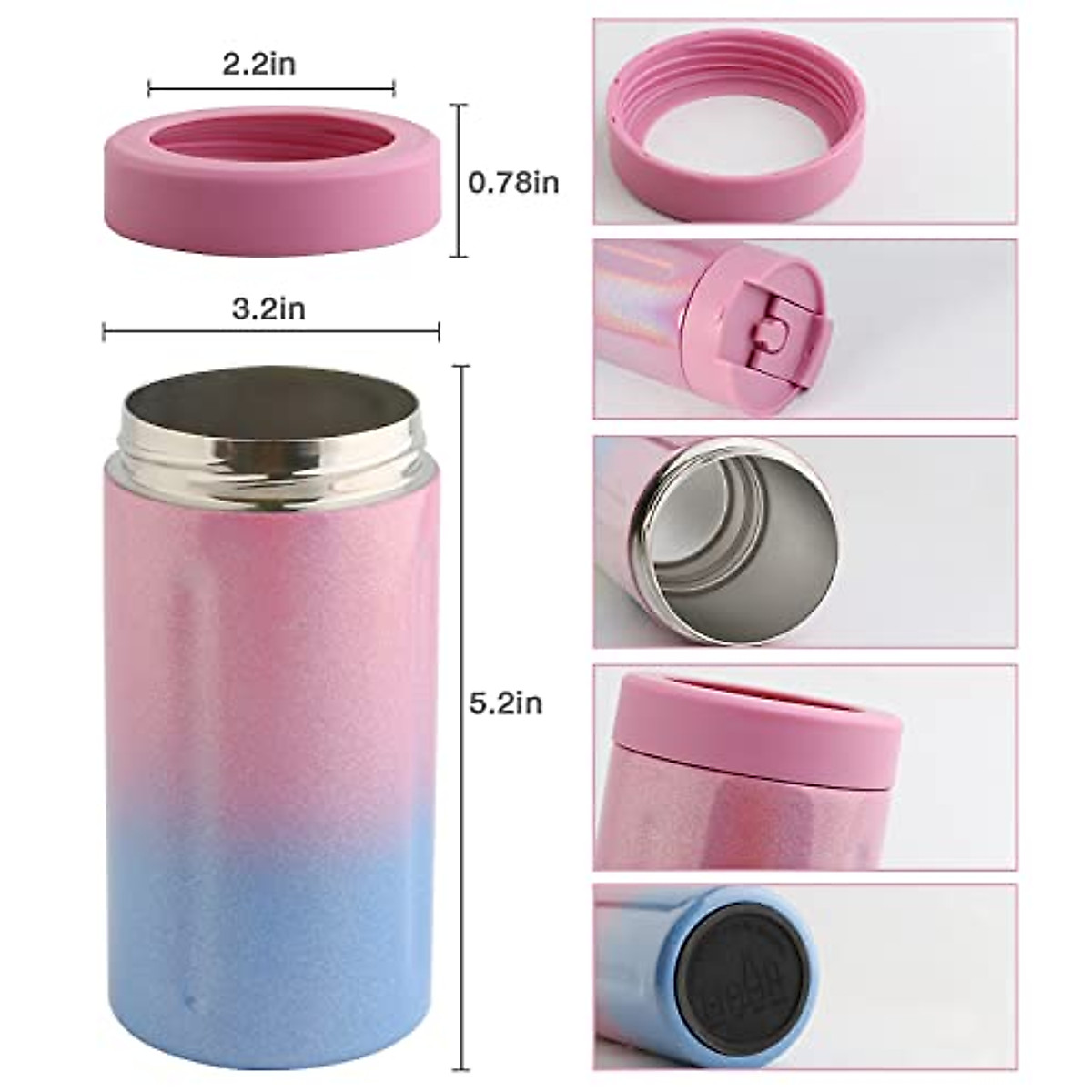 4 in 1 Slim Can Cooler with Lid for 12 OZ Skinny Can, Regular Can & Beer Bottle, Keep Cold for 6 Hours, Double Walled Stainless Steel Vacuum Beverage Can Insulator(Glitter Gradient)