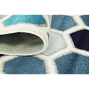 Unique Loom Metro Collection Abstract Multicolored Geometric Hexagon Area Rug, 4 ft x 6 ft, Ivory/Blue