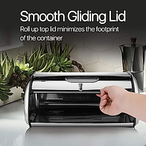 Flexzion Stainless Steel Bread Box for Kitchen Countertop (13 inch) Metal Bread Storage with Roll Up Lid & Front Window for Restaurant & Homemade Cakes, Buns, Pastries, Pancakes, Cookies