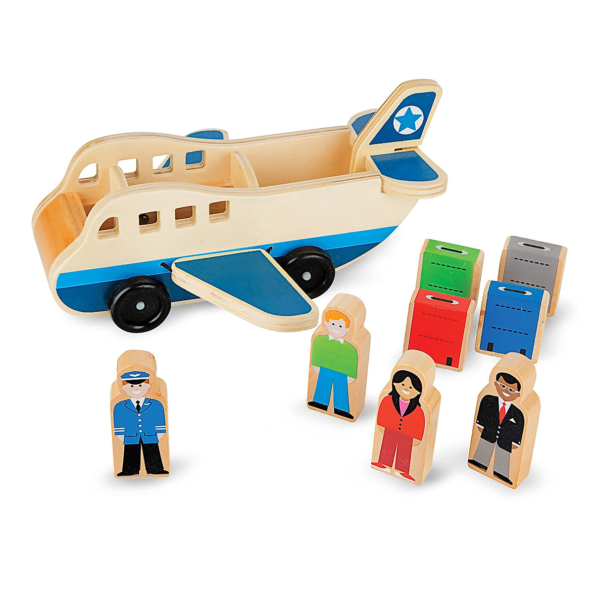 Melissa & Doug Wooden Airplane Play Set With 4 Play Figures and 4 Suitcases - Toy Airplane For Toddlers, Classic Wooden Toys For Kids